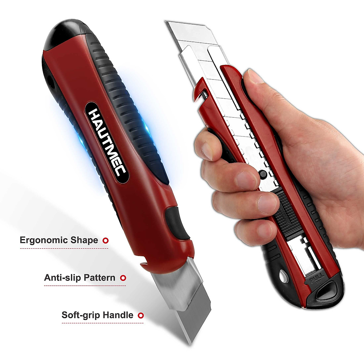 HAUTMEC 25mm Pro Heavy Duty Utility Knife Box Cutter with Extra 10PCS Rust Proof SK2H Black Sharp Blades, Autolock Slider, Sturdy Body for Industrial or Construction Applications HT0205-KN