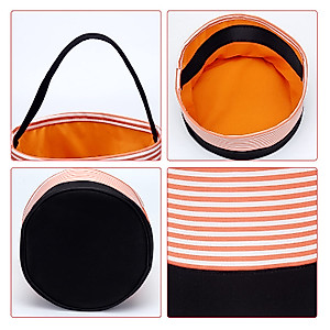 XinblueCo Halloween Trick or Treat Bags Halloween Candy Buckets Fabric Orange Black Purple Basket Candy Corn White Polka Dot Stripe Halloween Party Favor Bags…