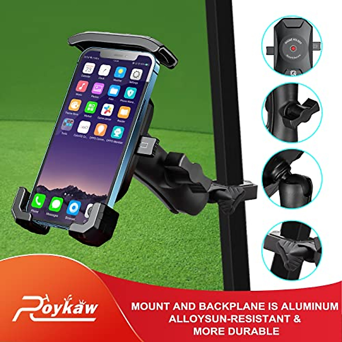 Roykaw Golf Cart Phone Mount Holder for EZGO/Club Car/Yamaha/ICON/Advanced EV Models, Upgrade Quick Release & One-Touch Lock, Compatible with iPhone/Galaxy/Google Pixel/Motorola/All 4.7"-6.8" Devices