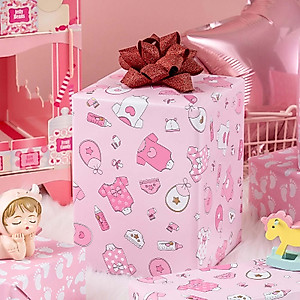 MAYPLUSS Baby Pink Girl Gift Wrap Paper - 17Inch x 33Feet - Cute Kid Pink Snapsuit, Bottle & Bayby Feet Baby Shower Wrapping Paper for Birthday Present, Gender Reveal Theme New Baby Party Decoration