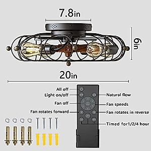 Ceviept Caged Ceiling Fans with Lights and Remote Control, Flush Mount Ceiling Fan with Light, Include Bulbs 6 Speeds Reversible Blades, Low Profile Ceiling Fan, Farmhouse Modern Lighting Fan-Black