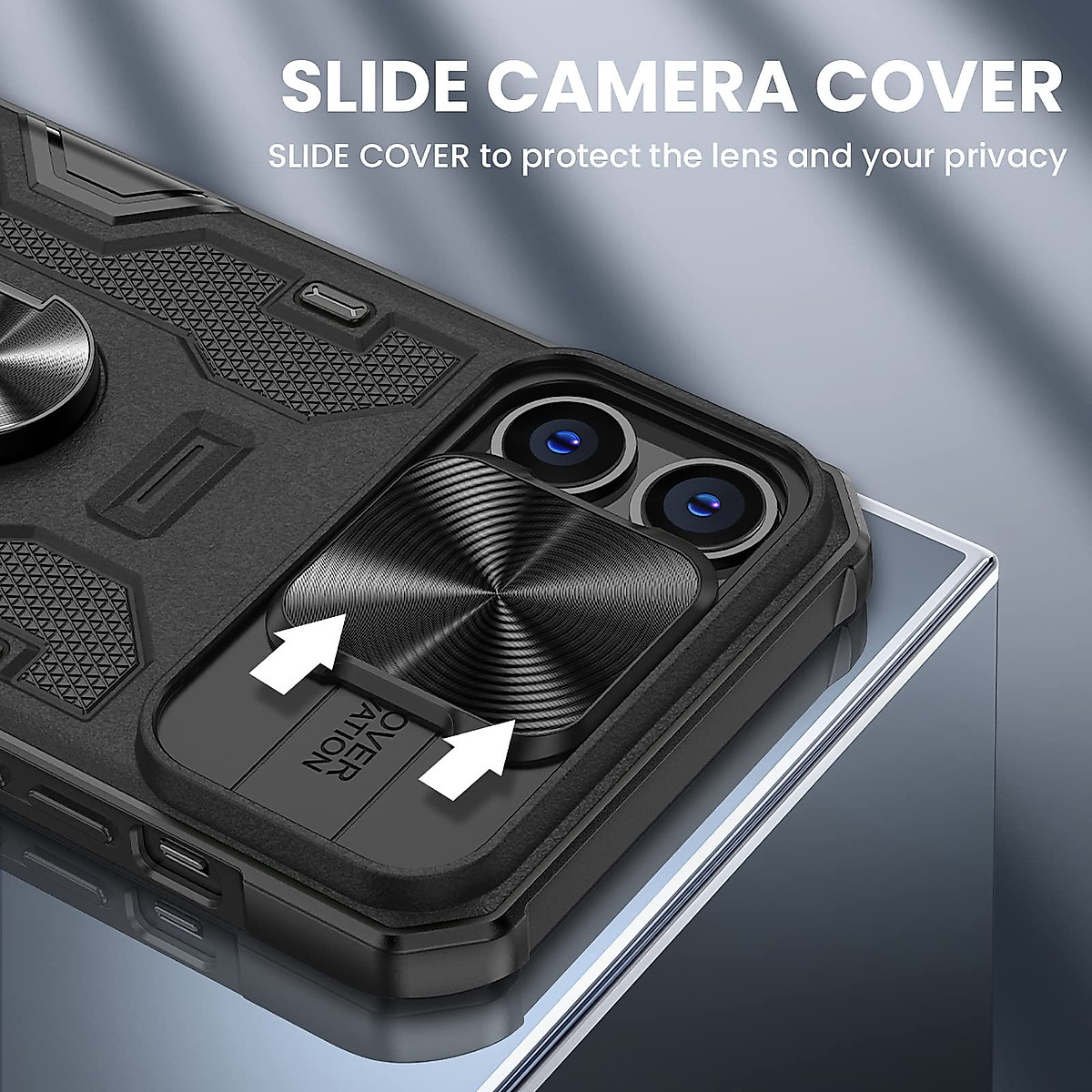 VEGO for iPhone 13 Pro Max Case with Slide Camera Cover, Built-in 360° Rotate Ring Kickstand Magnetic Shockproof Cover Case for iPhone 13 Pro Max & iPhone 12 Pro Max 6.7 inch - Black