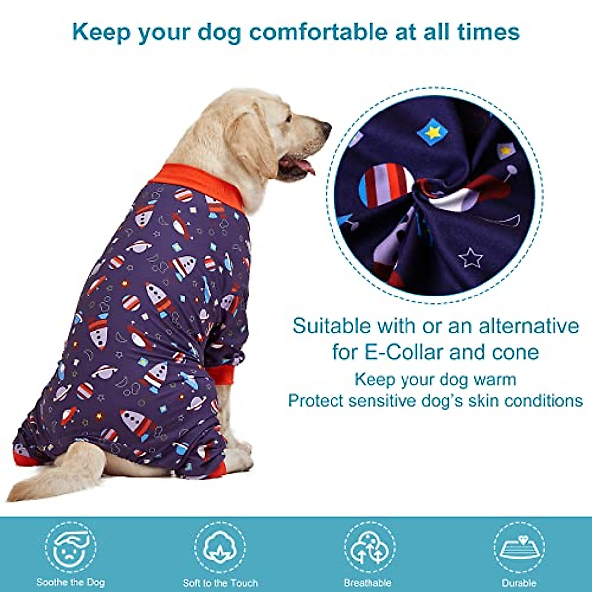 LovinPet Pullover Pitbull Pajama PJS - Lightweight Pullover Pajamas, Full Coverage Dog Pjs,Spacecraft Navy Print, Large Breed Dog Pjs/XL