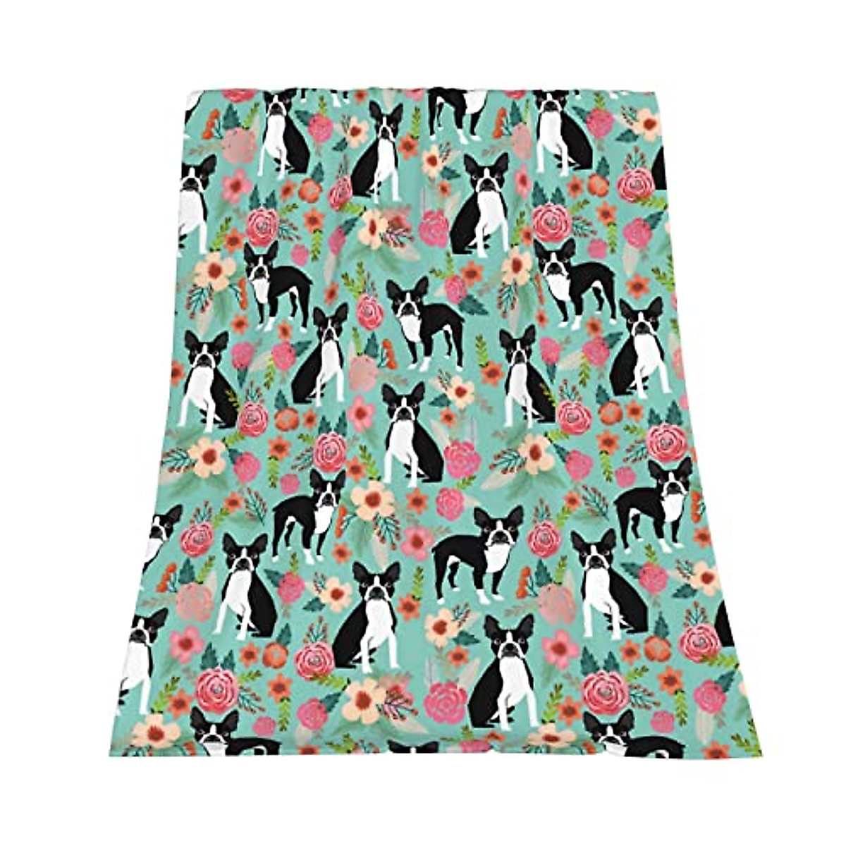 Boston Terrier Vintage Flowers Dog Throw Blanket, Ultra Soft Microplush Bed Blanket, All Season Microfiber Fleece Throw for Bed Chair Sofa Couch Bedroom 60"X50"