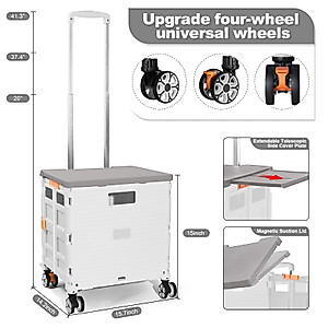 Foldable Utility Cart Collapsible Portable Tool Cart with Wheels Tote Basket,176LBS Load Capacity,Magnetic Lid Telescopic Cover with 360° Wheels Telescoping Handle for Grocery Laundry Luggage,White