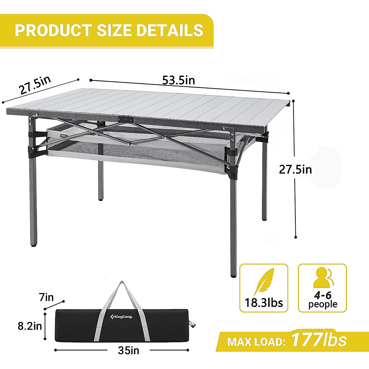 KingCamp Spacious Tabletop Area Aluminum Compact Roll 4-6 Person Stable Adjustable Feet Table with Carry Bag for Outdoor Camp Picnic, Black/Siver_53.5"×27.5" with Storage Layer