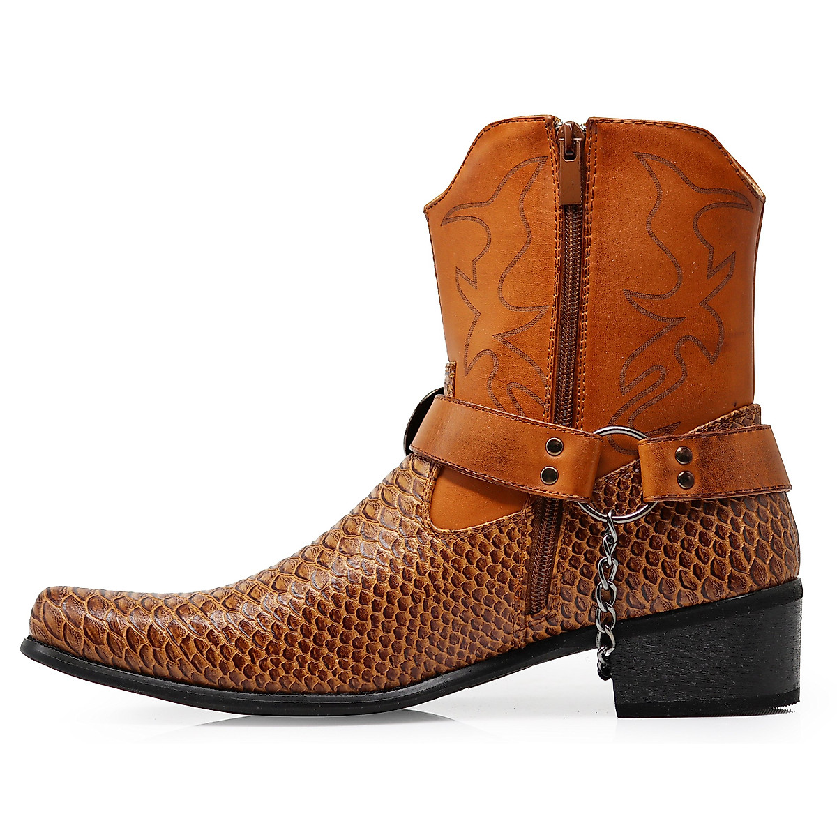 Alberto Fellini Men's Crocodile Prints Western Cowboy Boots with Side Zipper, Belt Buckle and Metal Chain (10.5, Brown)