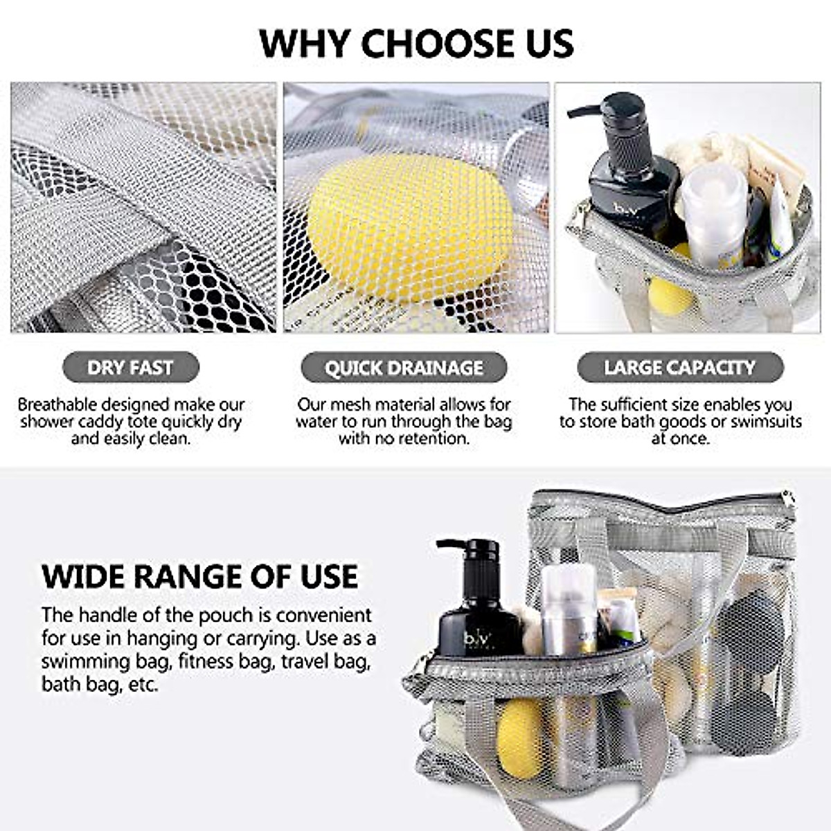 2 Pcs Portable Shower Mesh Caddy Bag Quick Dry Hanging Toiletry and Bath Organizer for Travel and Swimming with Zipper (2 Gray)