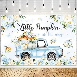 Little Pumpkin Baby Shower Decoration Backdrop for Boy A Sweet Little Pumpkin is On The Way Fall Blue Floral Truck Photography Background It's a Boy Party Decor Banner 5x3ft