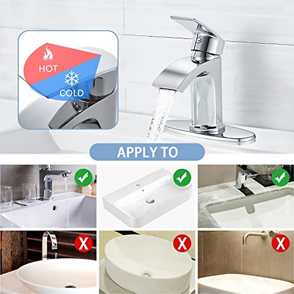 Solepearl Waterfall Bathroom Faucet Chrome, Modern Single Handle Single Hole Bathroom Sink Faucet Flat Spout, 1 or 3 Holes Lavatory Basin Vanity Commercial Solid Brass Faucet with Deck Plate