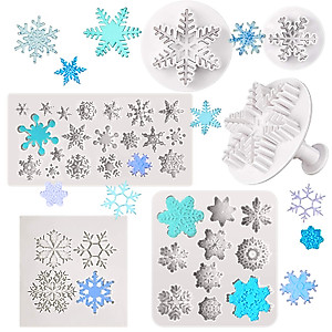 6 Pieces Snowflake Fondant Mold Silicone Baking Mold Chocolate Dessert Molds with Snowflake Plunger Cutters Cake Embossing Tools for Cake Decorations