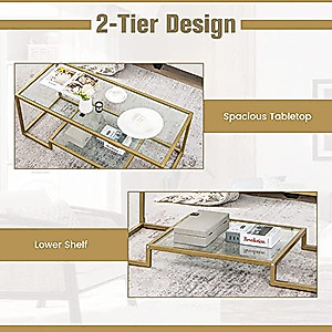 NAFORT Tempered Glass Coffee Table, 45 Inch Gold Rectangular Modern Center Table with Lower Storage Shelf, Sturdy Metal Frame, for Living Room Home Office/Gold