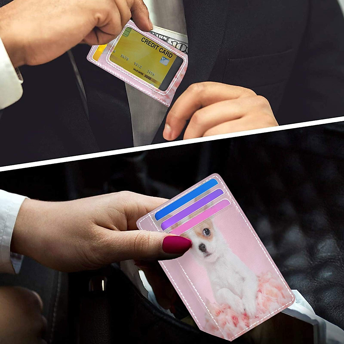 Linomo Thin leather Card Holder and Money Clip Cute Chihuahua Dog Pink Rose Wallet RFID Blocking for Men & Women