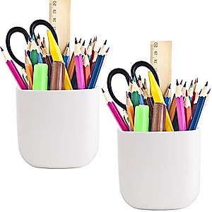 JDGOOMA Pencil Holder - Self-Adhesive Wall Mount Pen Cup,Marker Pot,Writing Utensil Storage Organizer for Fridge,Locker,Whiteboard,home and office - White - 2Pcs/Set