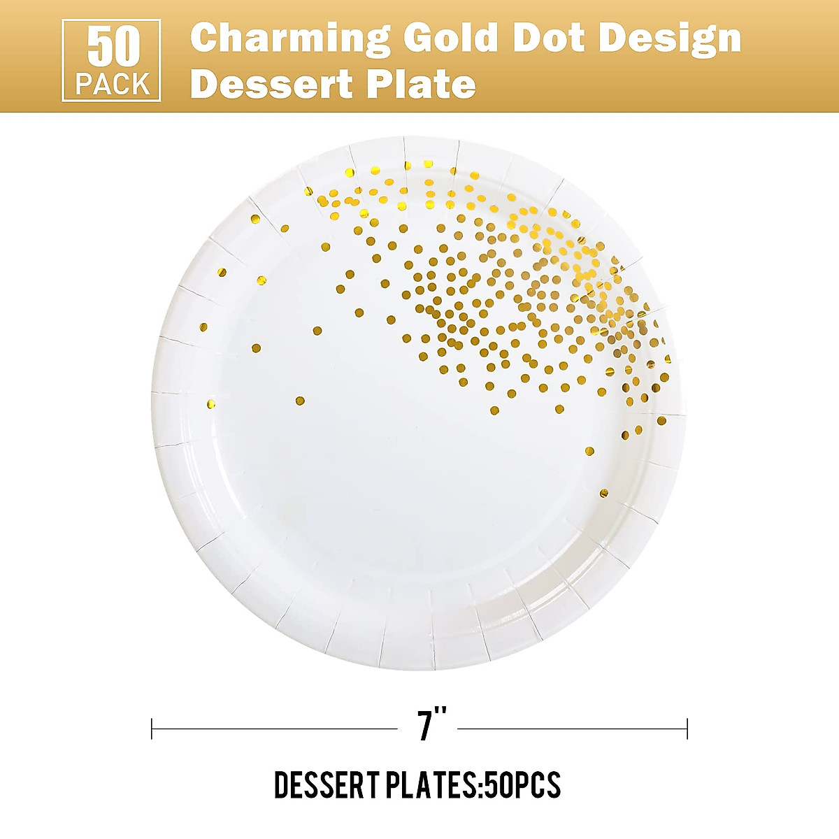 Simbago Gold Dots Party Paper Plates, 50 PCS Disposable Party Supplies Dessert Paper Plates for Birthday Party,Wedding Birdal Christmas Baby Shower (7 inches)