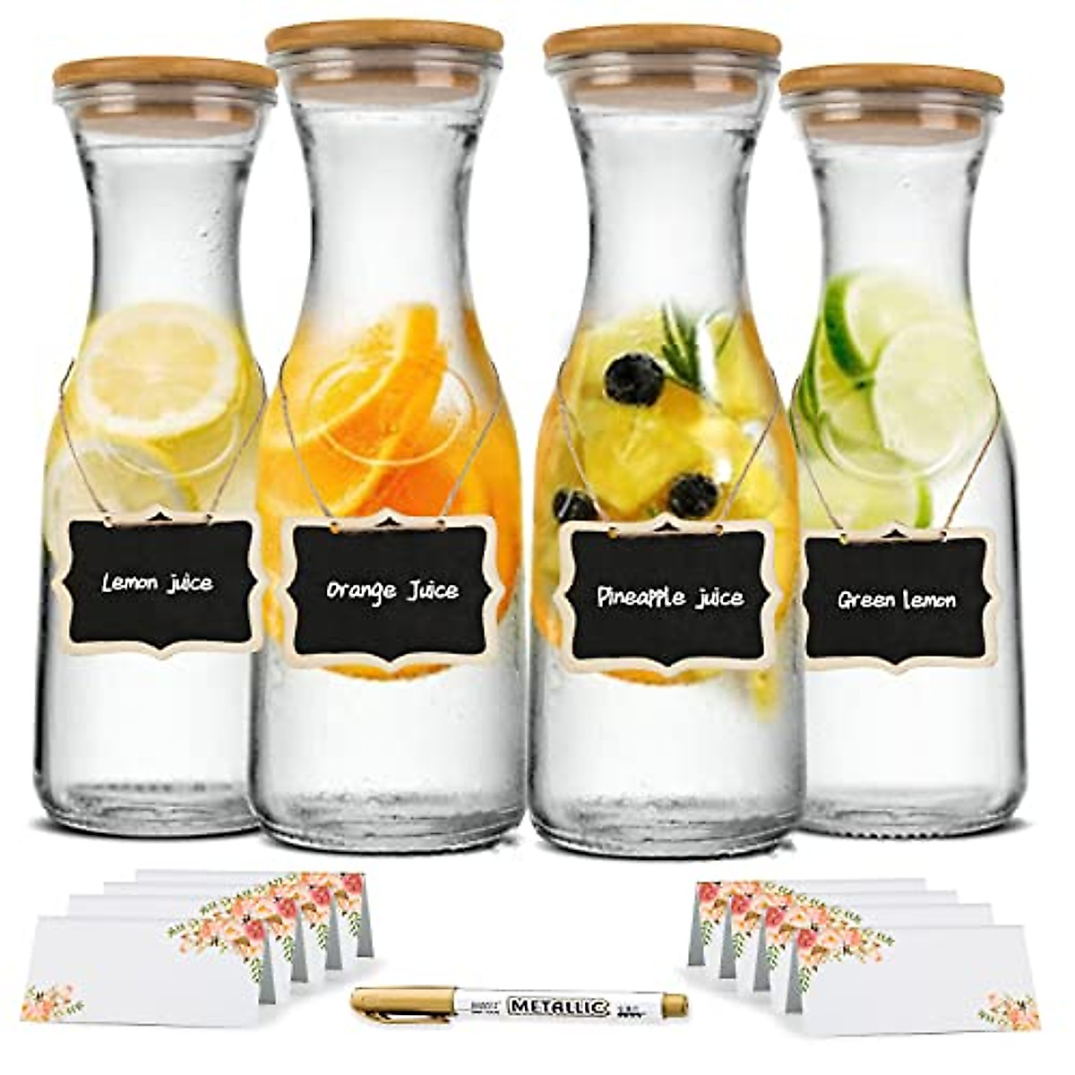 Set of 4 Glass Carafe Pitchers, Beverage Dispensers with Bamboo Lids, 35 OZ Clear Glass Pitcher for Mimosa Bar, Wine, Iced Tea, Lemonade, Milk and Juice