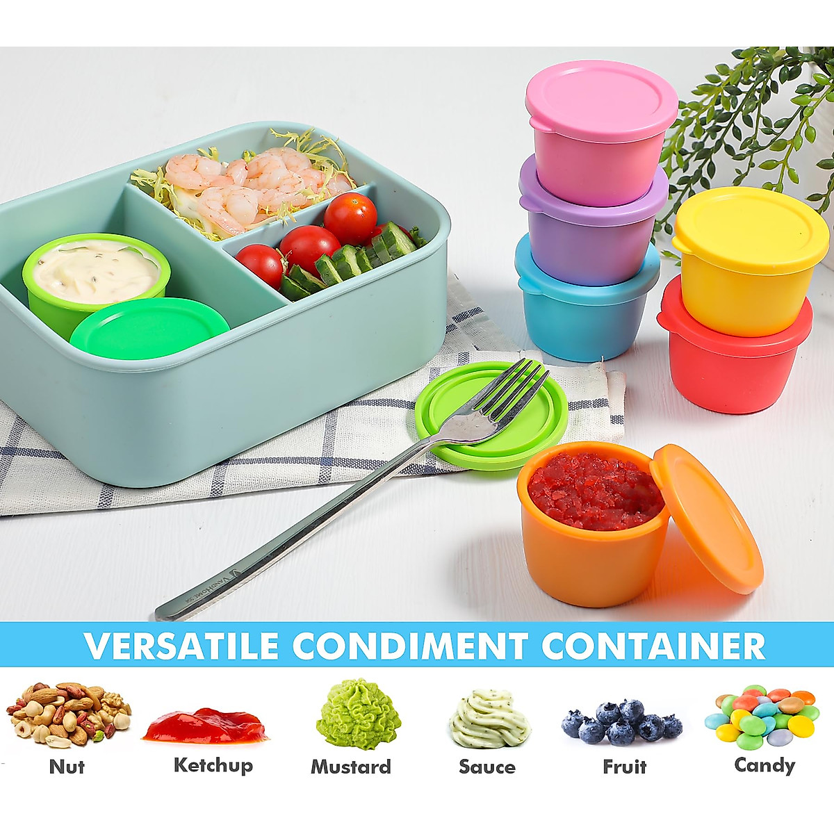 KOLUTI 2.4oz Salad Dressing Container To Go 8 Pack, Nonstick Silicone Condiment Portion Cup with Lid, Small Sauce Storage Box for Lunch Bento, Leak-proof, BPA Free, Dishwasher & Microwave & Oven Safe