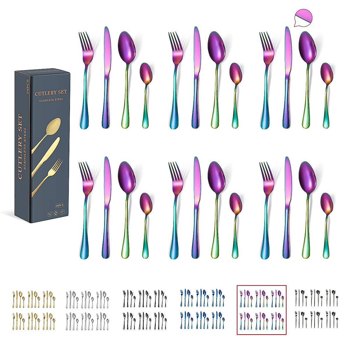 Rainbow Silverware Set, 24 Pieces Stainless Steel Flatware Sets for 6 - Mirror Polished Cutlery Utensil Set, Essentials Eating Tableware Set for Home&Kitchen, Restaurant, Dishwasher Safe
