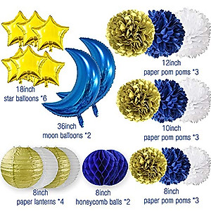 Wcaro Nautical Party Decorations To The Moon Party Decor Royal Blue White Gold Tissue Pom Poms Flower Paper Lanterns Paper Honeycomb Ball Moon Shaped Foil Mylar Balloons Star Shape Foil Mylar Balloons