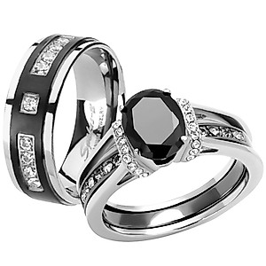 Marimor Jewelry Her and His Black Cubic Zirconia Stainless Steel Wedding Engagement Ring and Titanium Band Set Women's Size 05 Men's Size 05