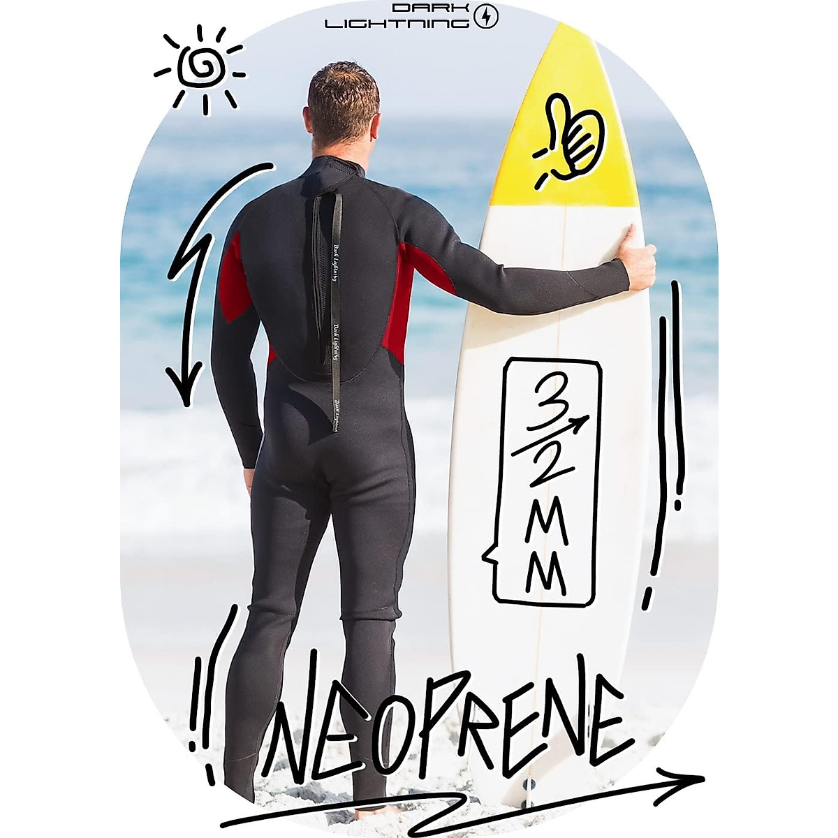 Dark Lightning Full Body Wetsuits for Men,Wet Suit for Men Cold Water Swimming, Diving Surfing Snorkeling Kayaking Triathlon Wetsuit Men, Black,3/2mm, Large