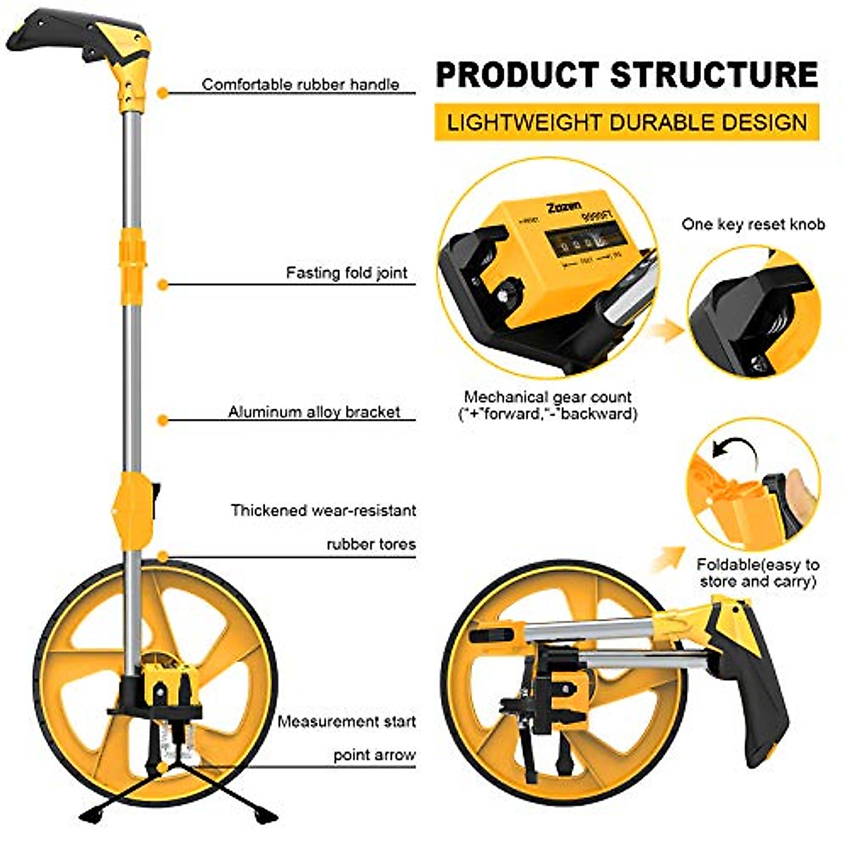 Zozen Distance Measuring Wheel in Feet and Inches, Collapsible Measure Wheel Imperial Industrial Measuring Wheel with Backpack and Tape Measure