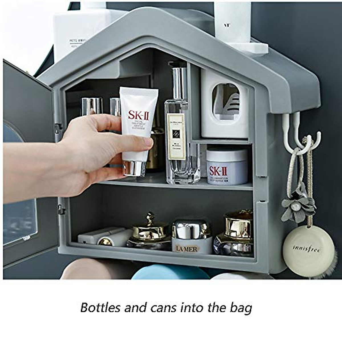 House-Style Toothbrush Holder, Punch-Free Multifunctional mouthwash Cup Holder, Wall-Mounted Set Brushing Cup, Moisture-Proof and Waterproof Shelf, Blue, Gray, White