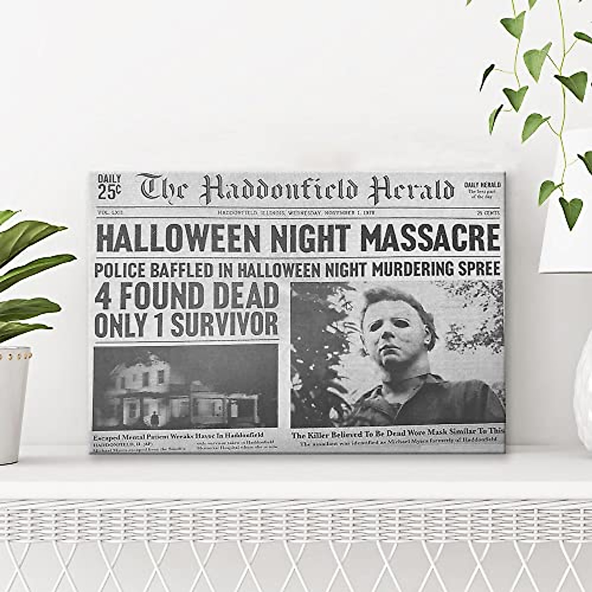 NSQQBQQ 1978 Halloween Haddonfield Herald Halloween Night Massacre，Michael Myers Halloween Decorations Poster，Canvas Print Wall Art Living Room Bedroom Room Decor Halloween Gifts 12X18inch Unframed