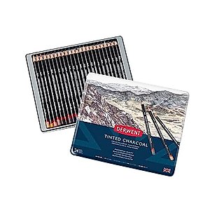 Derwent Tinted Charcoal Pencils, 4mm Core, Metal Tin, 24 Count (2301691)