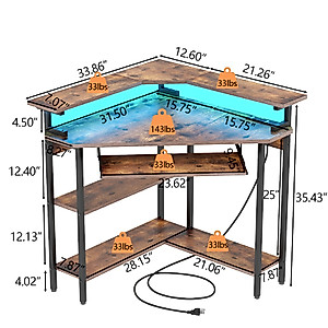 Auromie Corner Desk with Charging Station & LED Light, Triangle Corner Desk with Monitor Stand & Keyboard Tray for Small Space, Gaming Computer Desk with Storage Shelves for Home Office (Rustic)