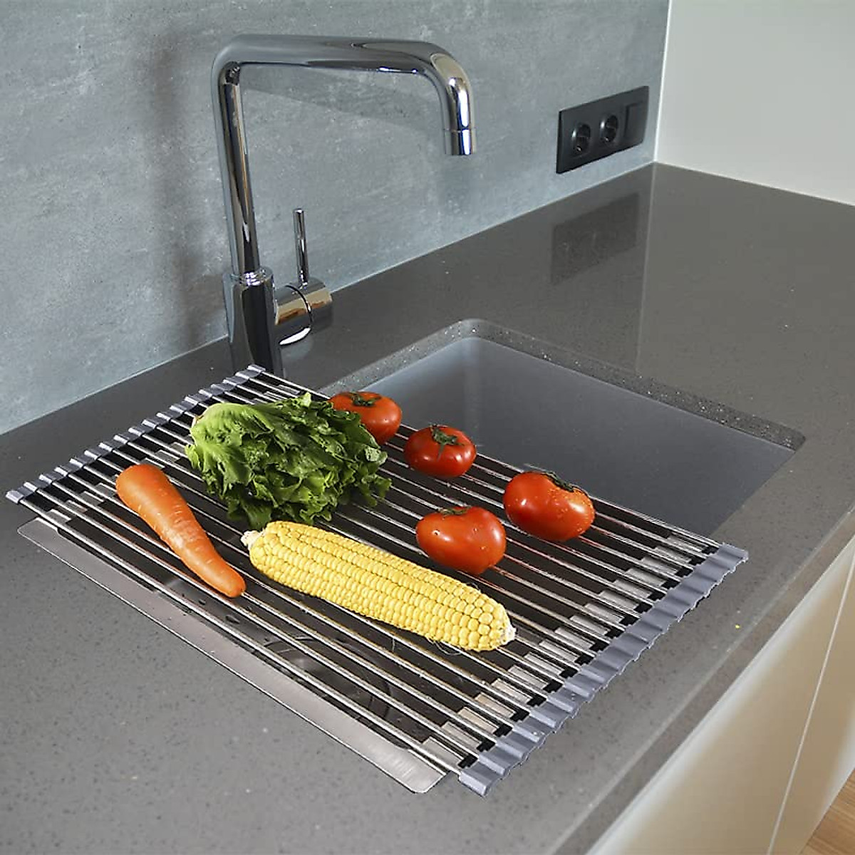 C CRYSTAL LEMON Food-Grade Silicone Drying Rack for Kitchen Sink Roll Up Dish Drying Rack Over The Sink Drying Rack 14.17 x 14.56 inch Silver Foldable Stainless Steel Wire Dishes Drying Rack