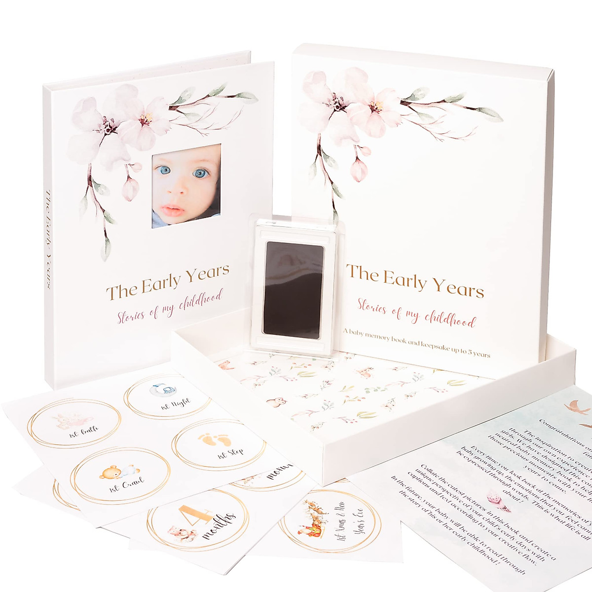 Modern Neutral Keepsake Baby Memory Book for Baby Girl or Boy - Journal Scrapbook Photo Album, Milestones Stickers, Clean Touch Ink Pad, Baby Keepsake Envelope - Everlasting Baby Memories up to Age 5