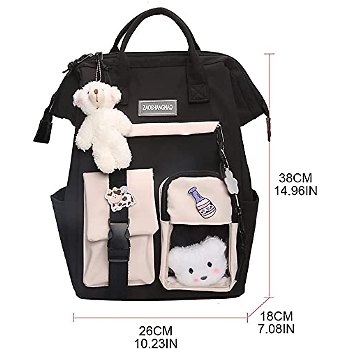 Skyearman Kawaii Backpack with Kawaii Pin Bear Pendant and Pencil Pouch Cute Backpack for Girls Kawaii Schoolbag Aesthetic Backpack, Black