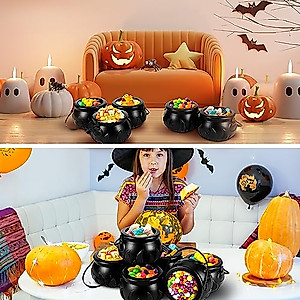 Tanlade Halloween Witch Cauldron, 3 Pcs Candy Serving Bowl on Rack with 3 Black Plastic Cauldron Bowls, Spooky Candy Bucket Punch Bowls for Halloween Party Table Home Decoration(Black)
