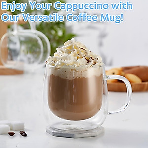 WEECHUNG 16oz Double Wall Glass Coffee Mugs Set of 2, Clear Coffee Mug, Insulated Glass Coffee Cups, Glass Mugs with Handles, Large Coffee Mug for Cappuccino, Americano, Tea