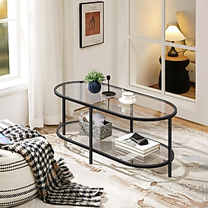 Yaheetech Glass Coffee Table, Black Small Coffee Table for Living Room, 2-Tier Modern Center Tea Table with Storage Shelf for Small Space, Apartment