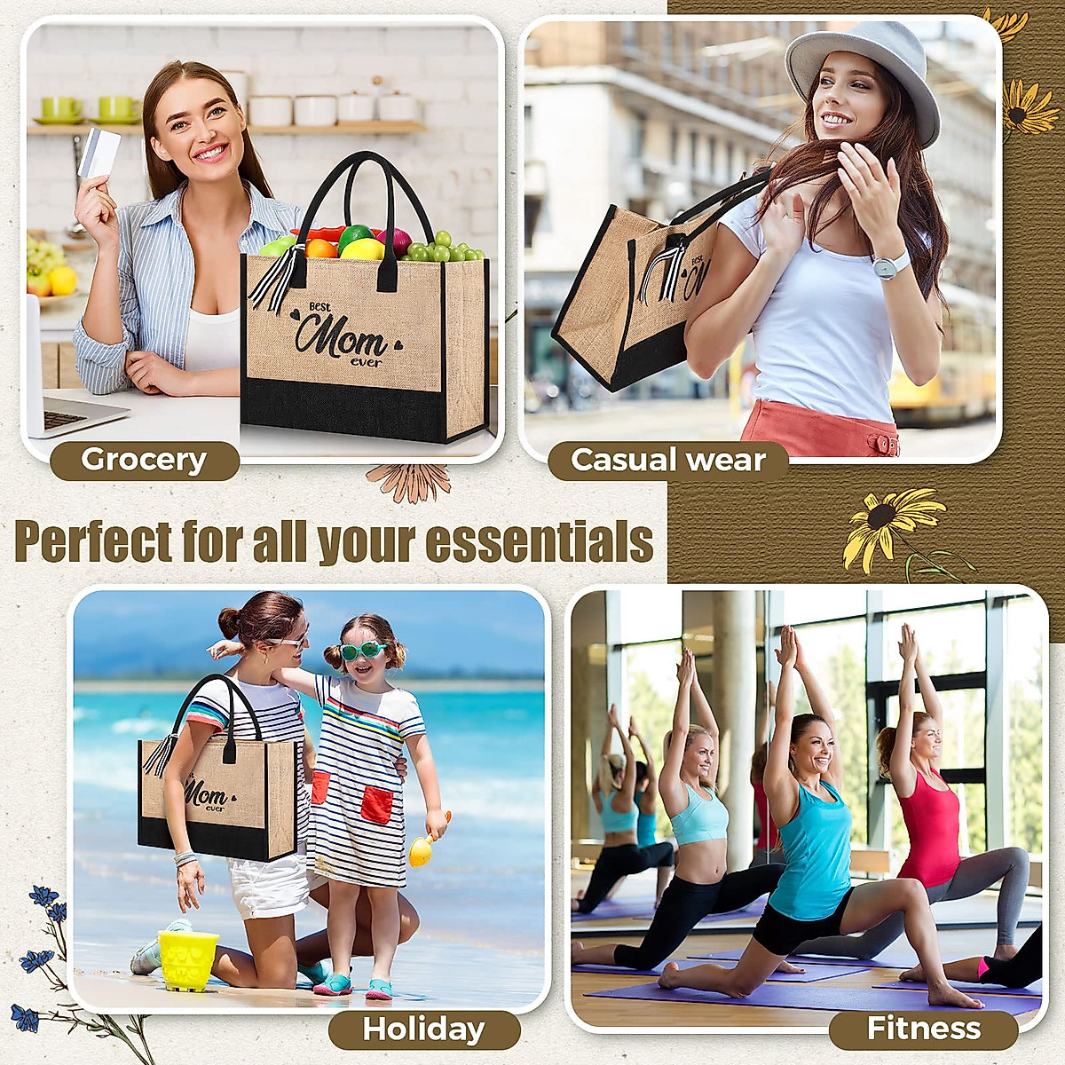 Cunno Mother's Day Mom Tote Bag 16.5 x 11.8 x 6.7 Inch Beach Bag Gifts for Mother Tote Bags for Mother Best Mom Ever Gifts Mom Bags (Jute)