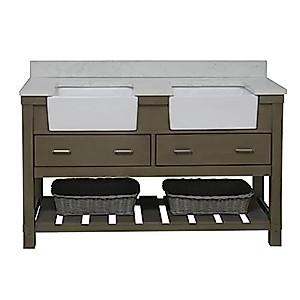 Kitchen Bath Collection Charlotte 60-inch Double Farmhouse Vanity (Engineered Carrara/Weathered Gray): Includes Weatherd Gray Cabinet with Engineered Carrara Countertop and White Ceramic Apron Sinks
