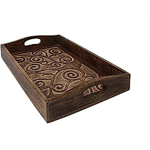 SUNDERSHALA Wooden Decorative Serving Tray, Wooden Tray with Handles Natural Finish, Great for Dinner Trays, Tea Tray, Bar Tray, Breakfast Tray - Hand Carving Creates a Truly Unique Furnishing Accent