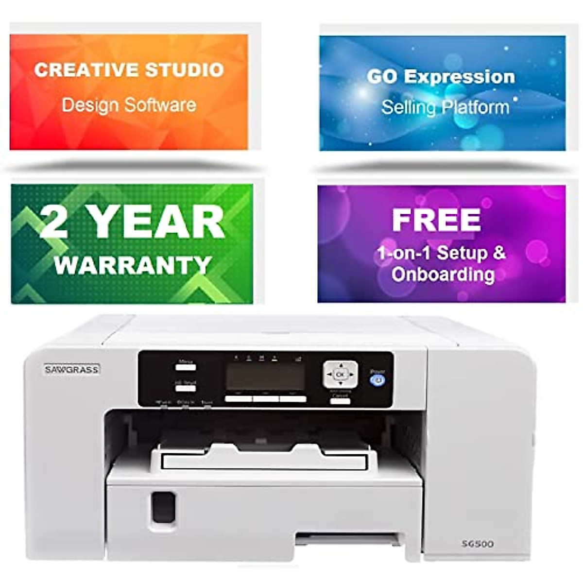 Sawgrass Printer SG500, Sublimation Printer for T-Shirts Mugs Tumblers, Printer for Heat Transfer, SG500 Bundle Starter Kit with Sublijet UHD Inks Sublimation Paper 8.5x11 & Blanks (White)