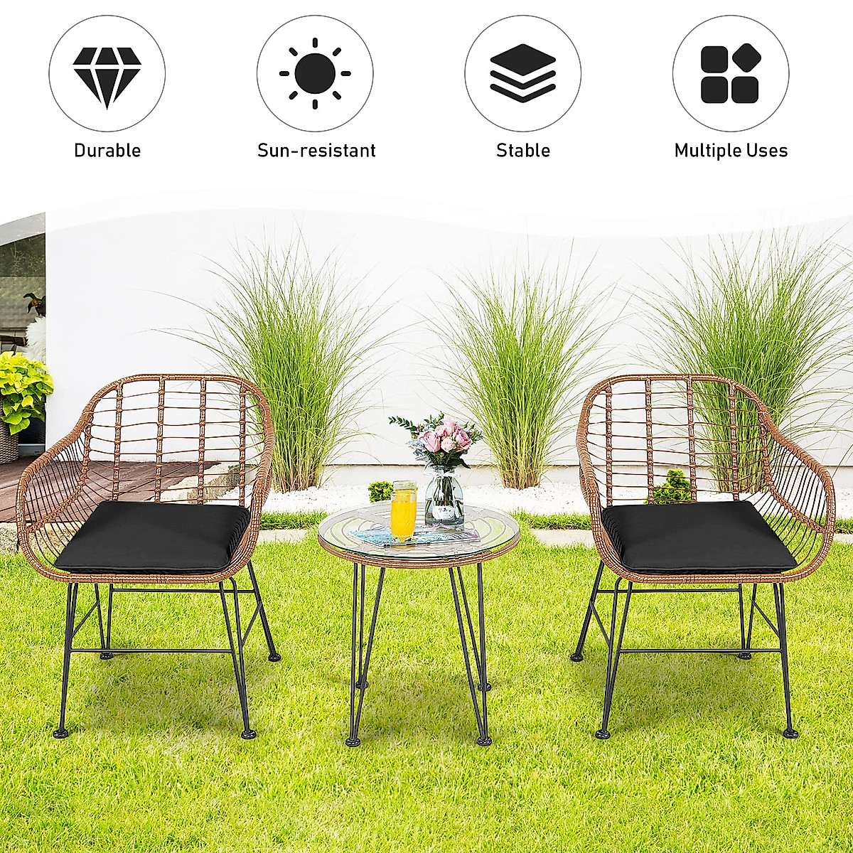 KOTEK 3 Pieces Patio Bistro Set, Outdoor Wicker Furniture Set with Glass Top Coffee Table & Seat Cushions, PE Rattan Conversation Set for Porch, Garden, Backyard, Poolside (Black)
