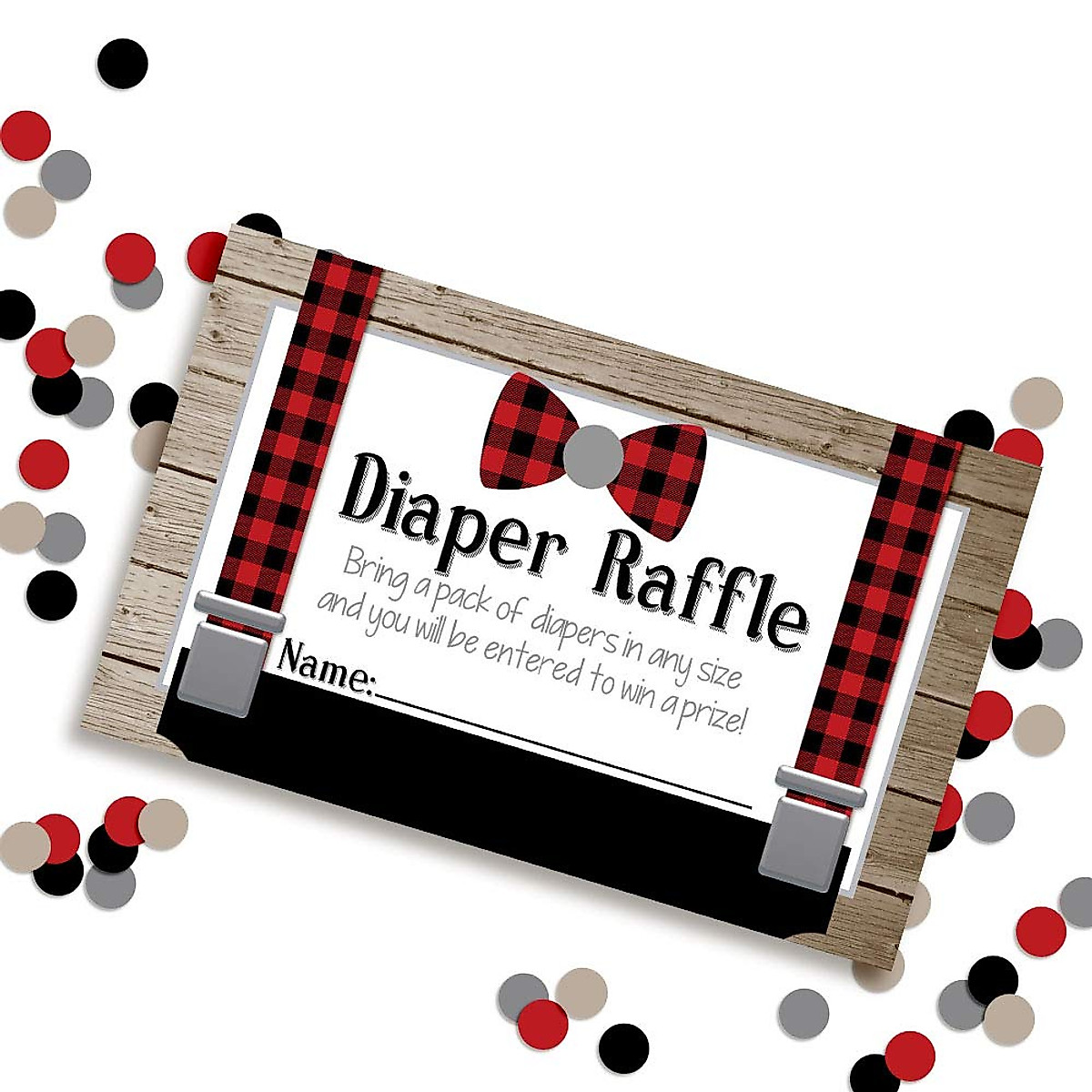 Amanda Creation Little Man Bow Tie Buffalo Plaid Suspenders Diaper Raffle Tickets for Boy Baby Showers, 20 2" X 3” Double Sided Inserts, Bring a Pack of Diapers to Win Favors & Prizes