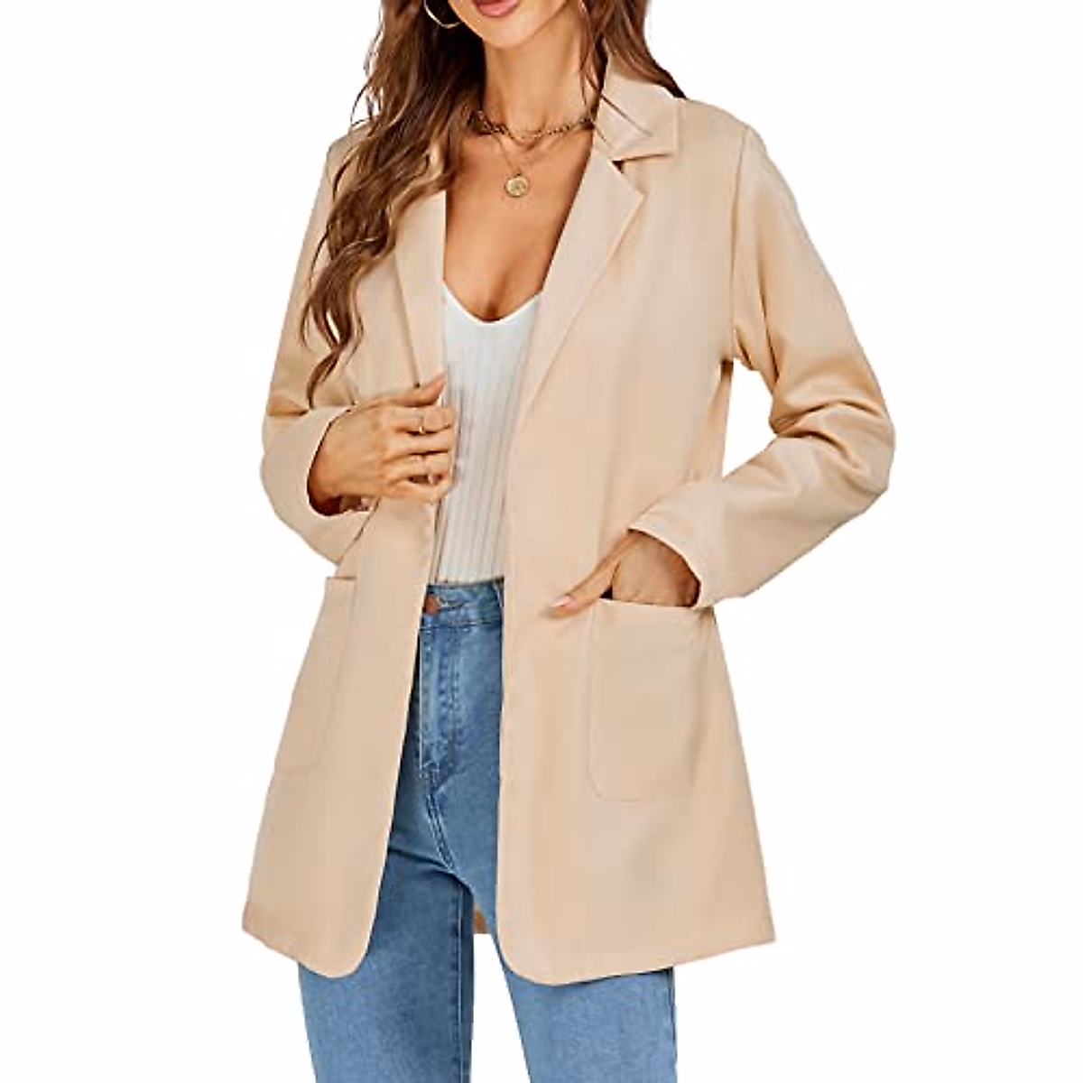 LYANER Women's Casual Long Sleeve Work Office Suit Cardigan Blazer Jackets with Pockets Beige X-Large