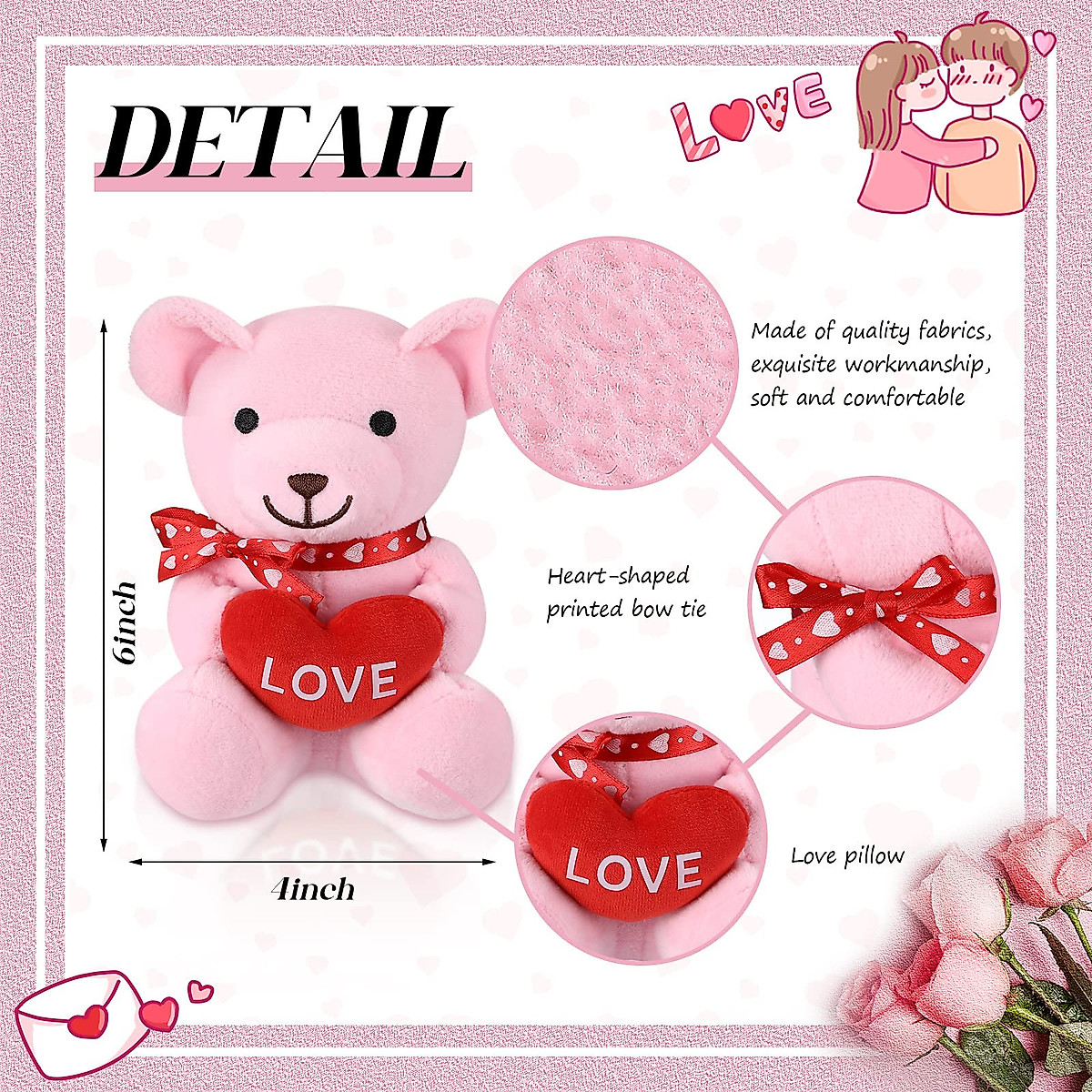 HyDren 4 Pcs Valentine's Day Stuffed Bear 6'' Cute Stuffed Animals Soft Bear with Red Heart Small Sweet Cuddly Plush Toys Gift for Classroom Exchange Prizes Party (Pink, White, Brown, Khaki)