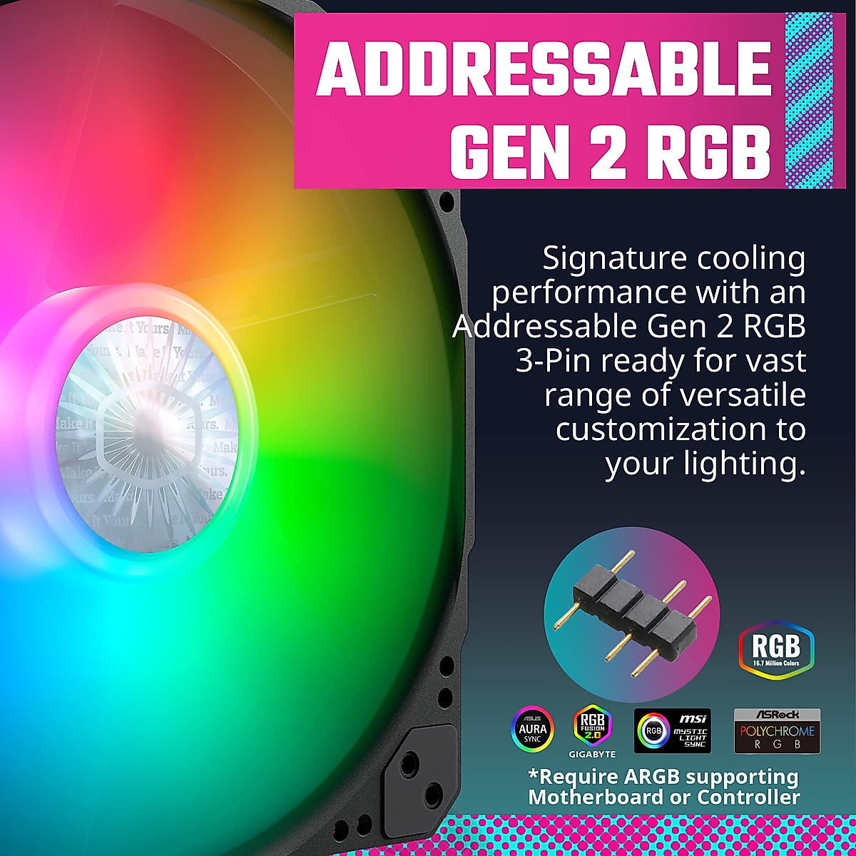 Cooler Master SickleFlow 200 ARGB Gen 2 Square Frame Fan, Customizable LEDS, Air Balance Curve Blade, Sealed Bearing, PWM Control for Computer Case