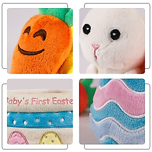 Baby's First Easter Theme Basket Playset, 5ct Stuffed Plush Bunny Chick Carrot Egg for Baby Girls Boys, Party Decorations Favors Stuffers Gifts, Supplies