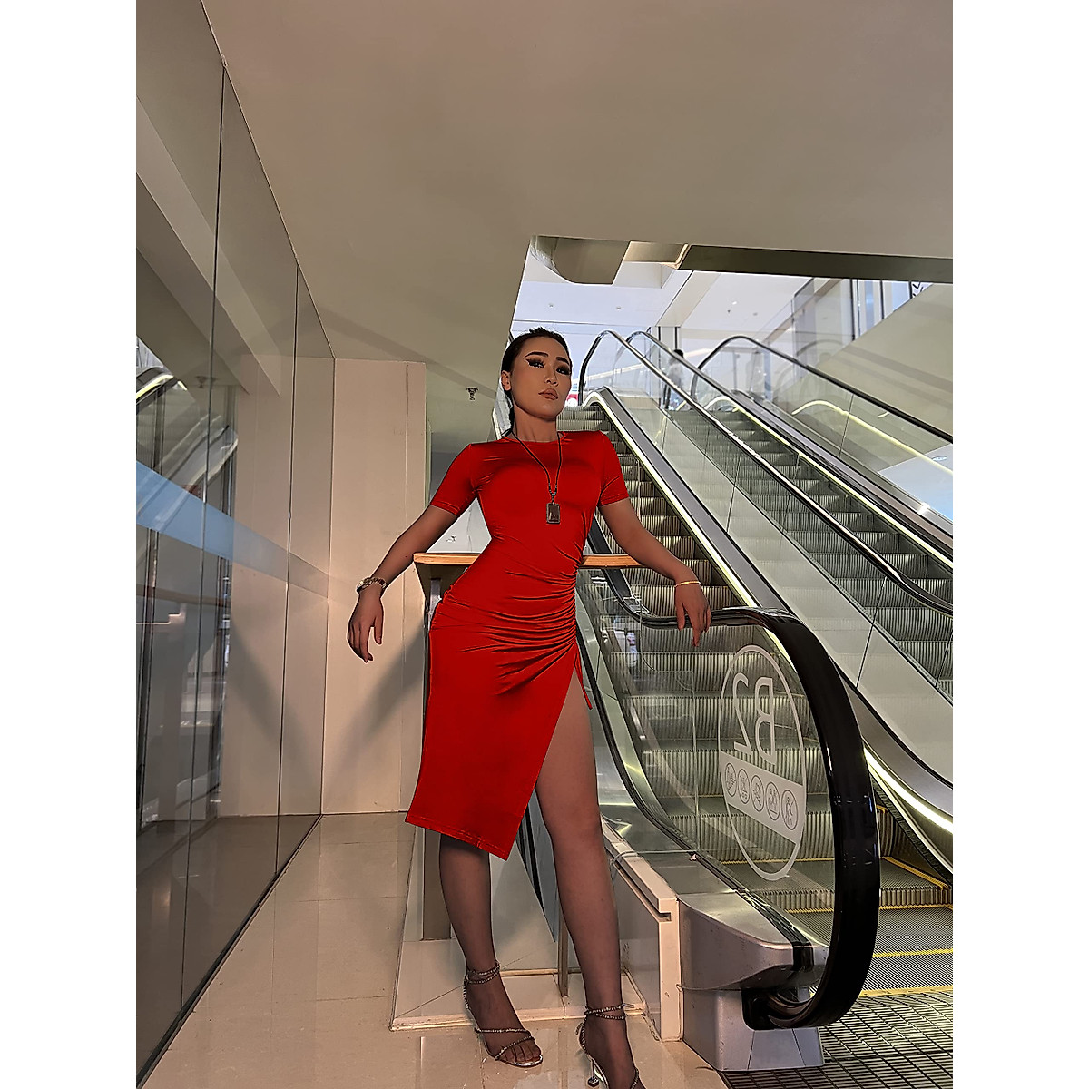 GOKATOSAU Women's Sexy Bodycon Short Sleeve Slit Ruched Summer Club Party Midi Dress Red