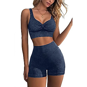 Mulisky Women's Yoga 2 Piece Outfits Seamless Workout Running Tank Top High Waist Shorts Sets Sets Navy XL