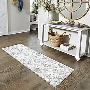 Maples Rugs Blooming Damask Non Slip Runner Rug For Hallway Entry Way Floor Carpet [Made in USA], 2 x 6, Grey/Blue