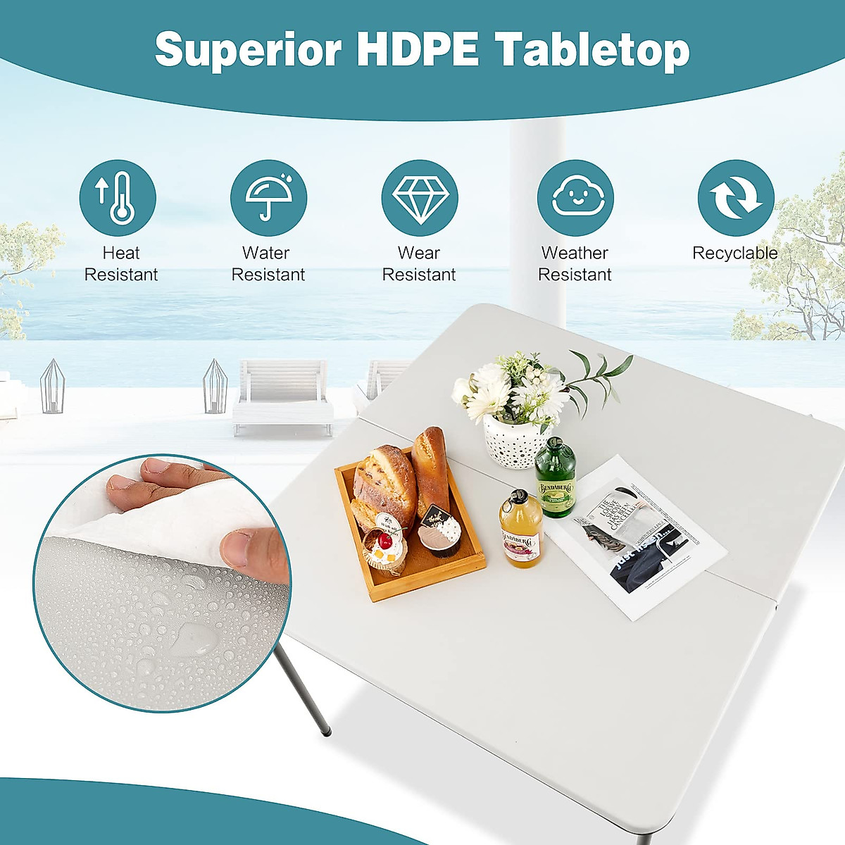 Giantex Portable Folding Table, Foldable Picnic Table with All-Weather HDPE Tabletop, Metal Frame & Carry Straps, Heavy Duty Outdoor Camping Table, Lightweight Card Table for Beach, BBQ, Party (White)